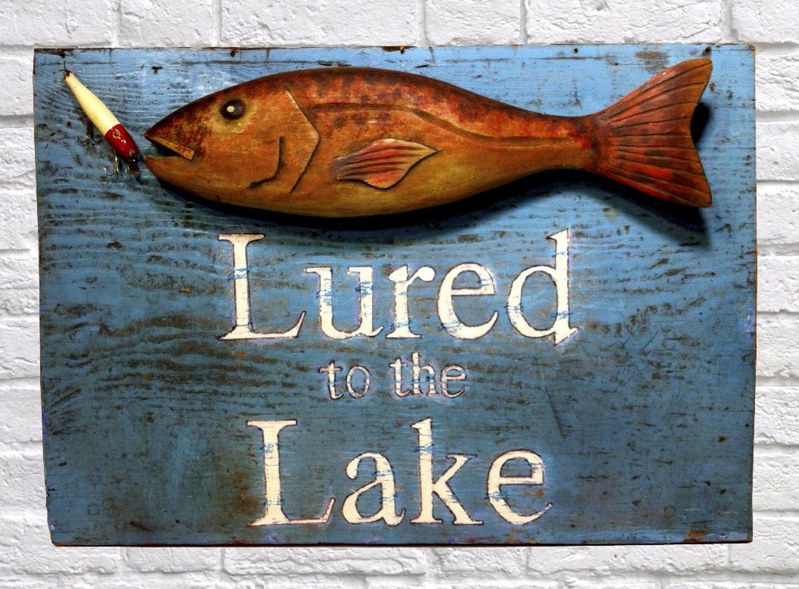 Hand-painted Lake/cabin Vintage-style Fishing Sign With Antique Lure ...