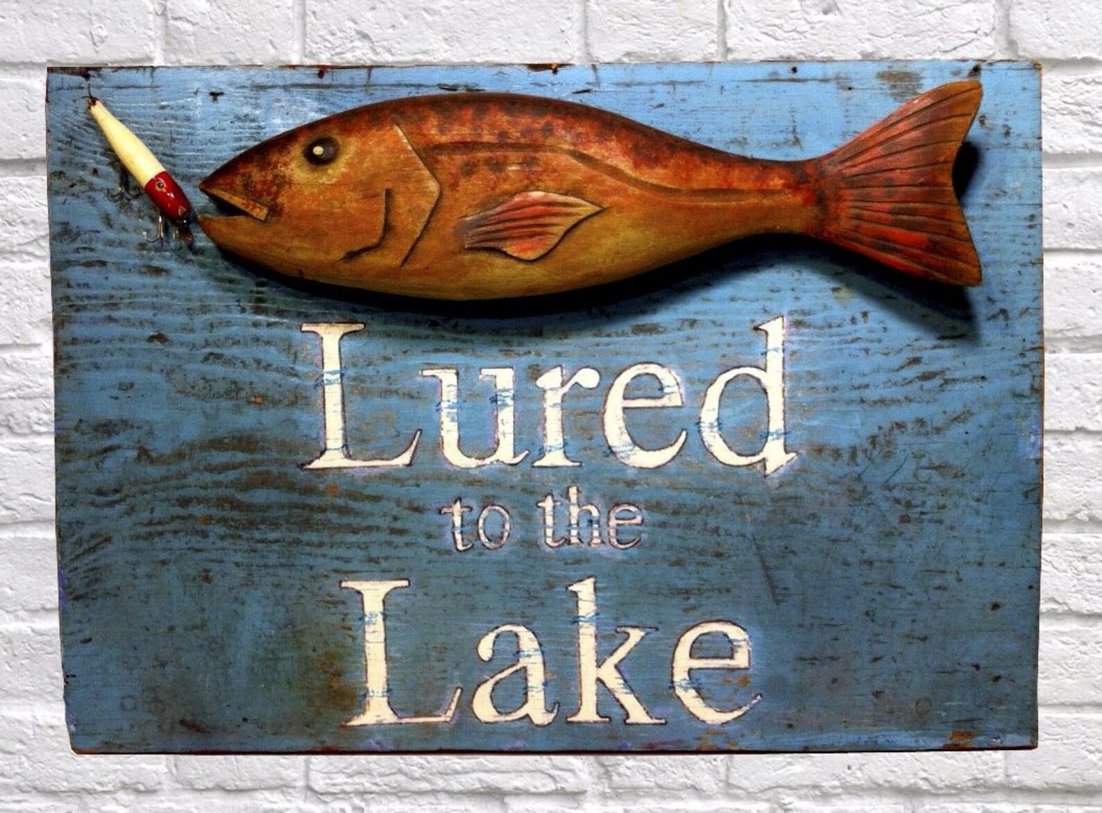 Hand-painted Lake/cabin Vintage-style Fishing Sign With Antique Lure ...