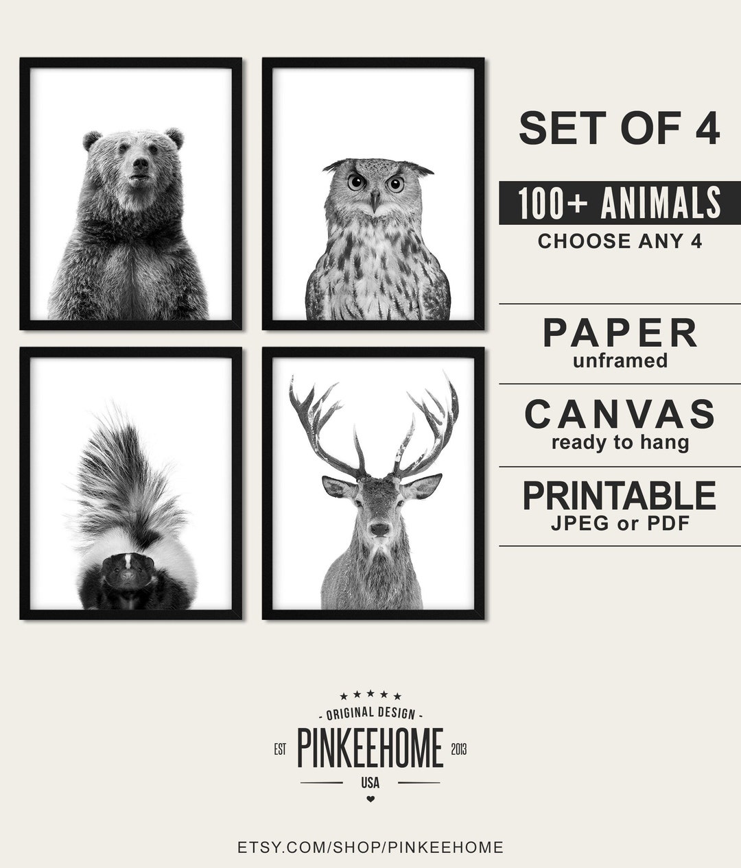 Black and White Woodland Animal Prints: Set of 4, Modern Nursery Art - Etsy