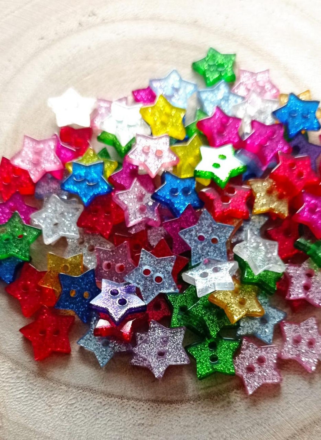 20 Transparent Star-shaped Buttons 14mm With Glitter in Mixed Colors ...