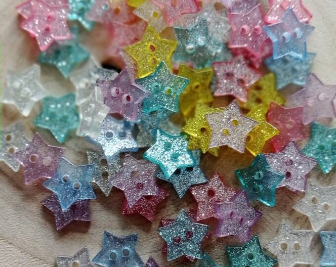 20 Transparent Star-shaped Buttons 14mm With Glitter in Mixed Colors ...