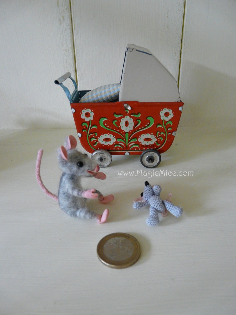 Felted Baby Mouse With Dolly and Antique Tin Litho Pram - Etsy