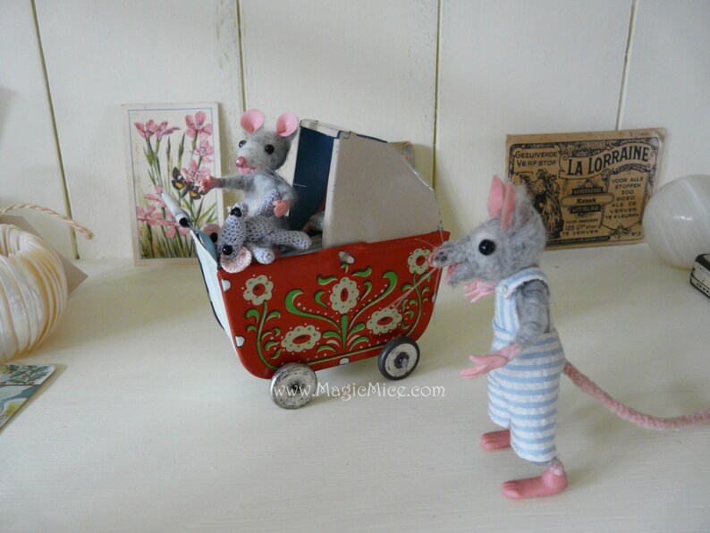 Felted Baby Mouse With Dolly and Antique Tin Litho Pram - Etsy