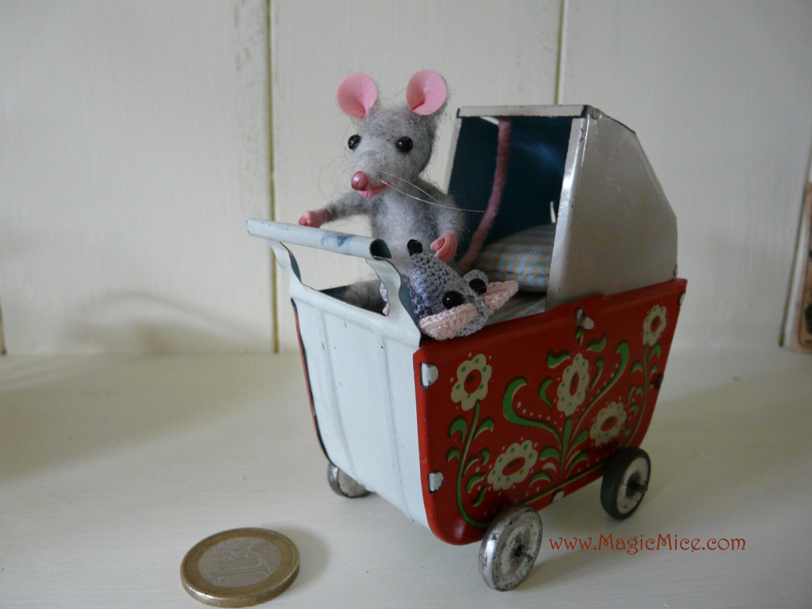 Felted Baby Mouse With Dolly and Antique Tin Litho Pram - Etsy