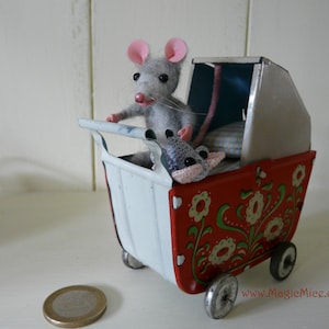 Felted Baby Mouse With Dolly and Antique Tin Litho Pram - Etsy