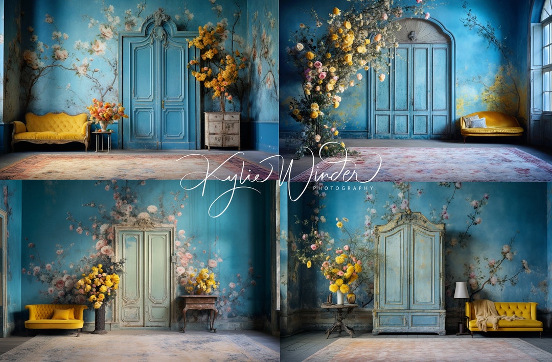 40 Digital Backdrops, Blues & Yellow, Portrait Backdrop, Beautiful Room ...