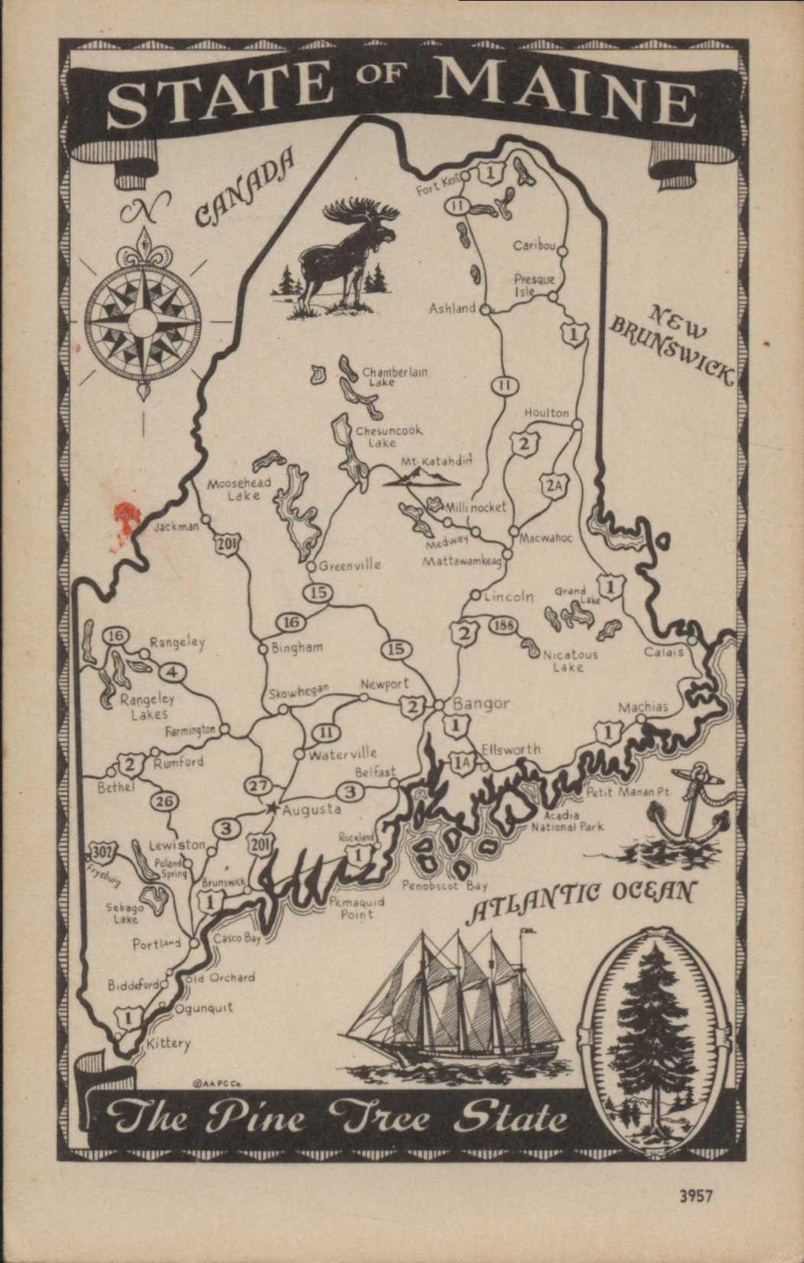 State of Maine, the Pine Tree State, 1950s, State Map, Original Vintage ...