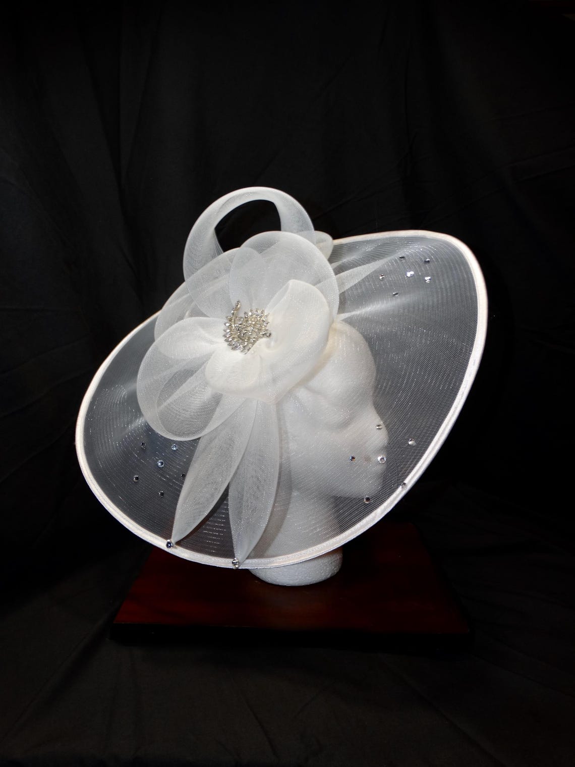 White Cloud Fascinator With Netting and Rhinestones | Tea Party Hat ...