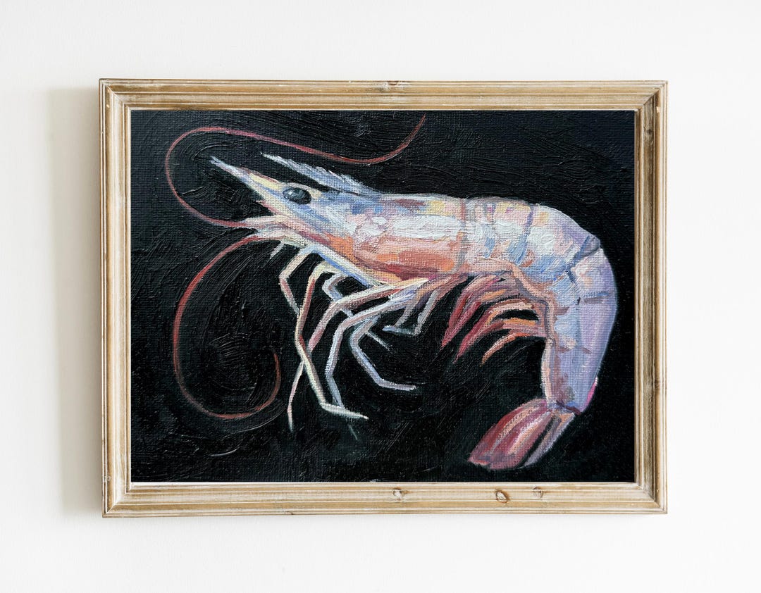 Small Shrimp Painting 5x7", Original Painting Black Background, Small ...