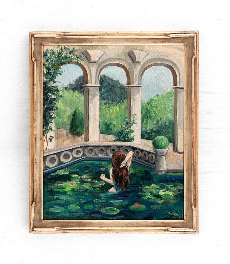 Swimming Figure Painting, Woman Bathing, Whimsigoth Decor, Original Oil ...