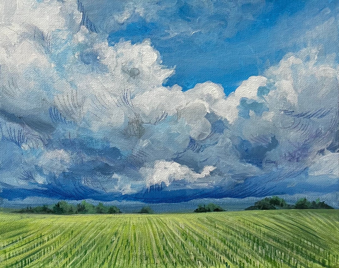 Earth Tone Landscape, Painted Field and Clouds, Farmhouse Style ...