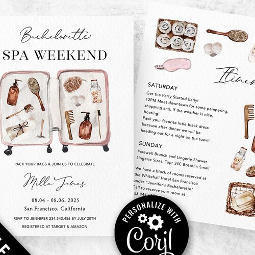 Bachelorette Spa Weekend Invitation With Itinerary Printable - Etsy