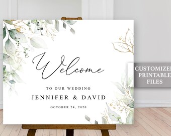 Printable Green and Gold Wedding Welcome Sign Green Leaf & - Etsy