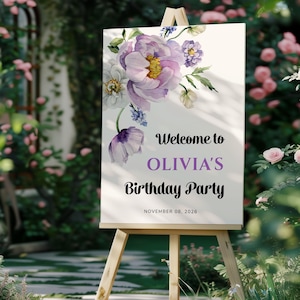 Birthday Welcome Sign Purple Floral Birthday Sign, Spring Summer Yard ...