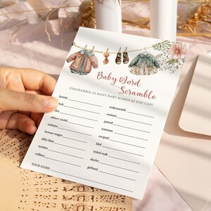 Baby Word Scramble Girl Baby Shower Game Boho Pink Baby Clothes Floral ...