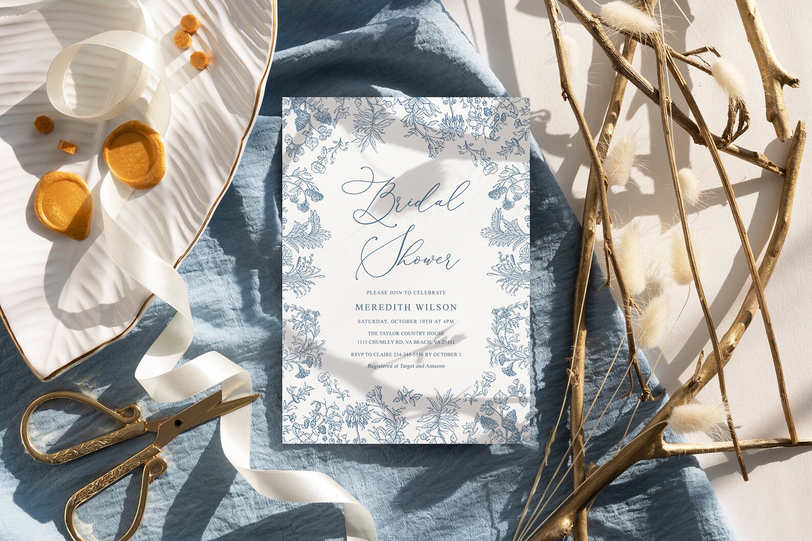 Dusty Blue Toile Bridal Shower Welcome Sign: Editable Vintage ...