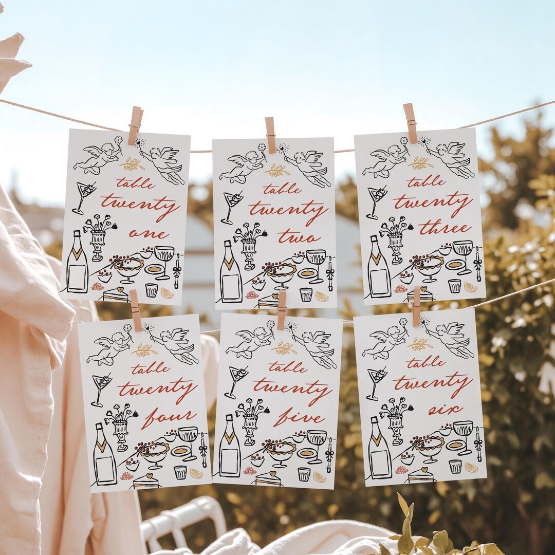 Italian Wedding Table Numbers, Mediterranean Party Decor, Hand Drawn ...