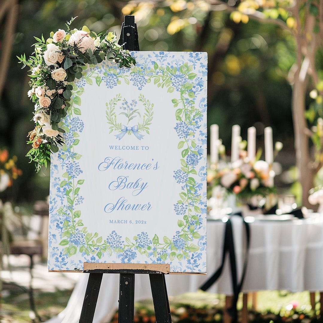 Grandmillennial Baby Shower Welcome Sign: Pastel Blue Green Floral ...