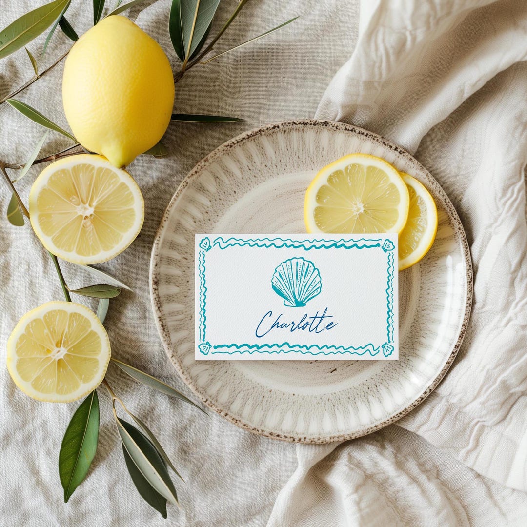 Seashell Wedding Place Card Template: Coastal Name Tags, Nautical Beach ...