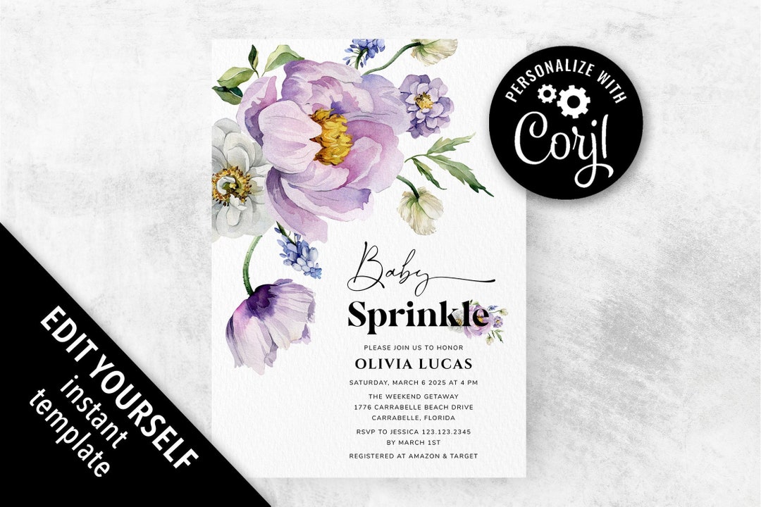 Purple Floral Baby Sprinkle Invitation Girl Baby Sprinkle - Etsy