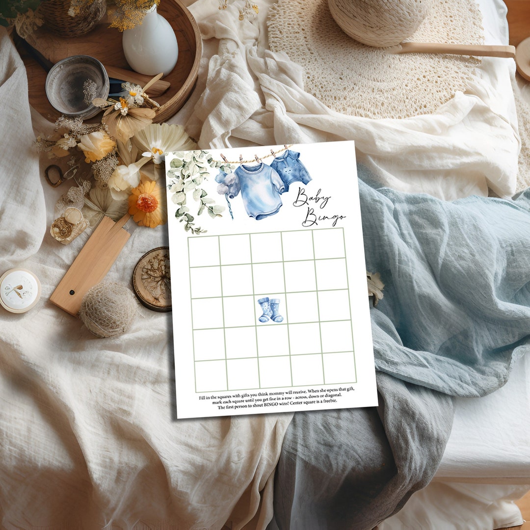 Boy Bingo Baby Shower Game Printable Greenery Boho Blue Baby Clothes ...
