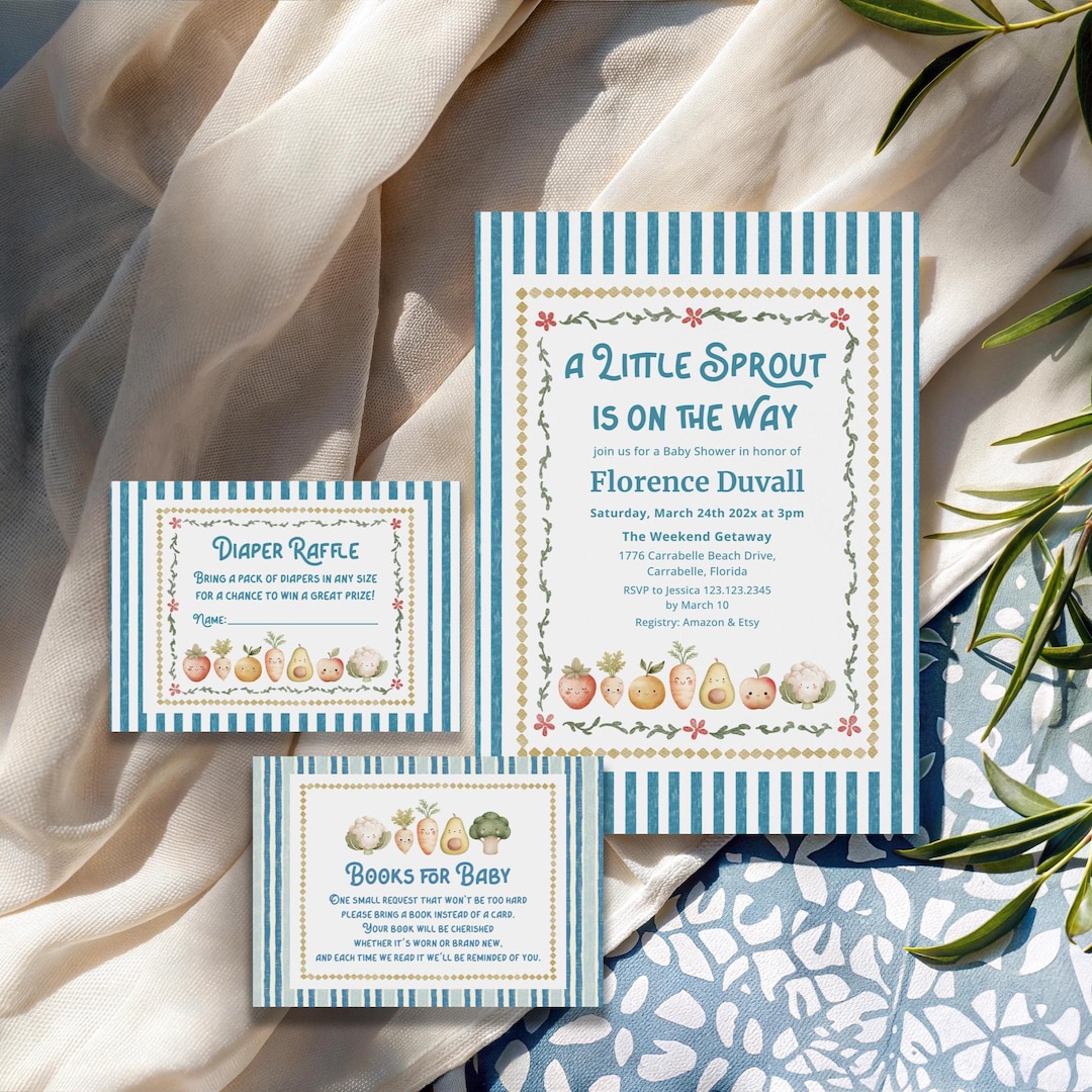 Little Sprout Baby Shower Invitation Boy, Blue Striped Spring Fruit ...