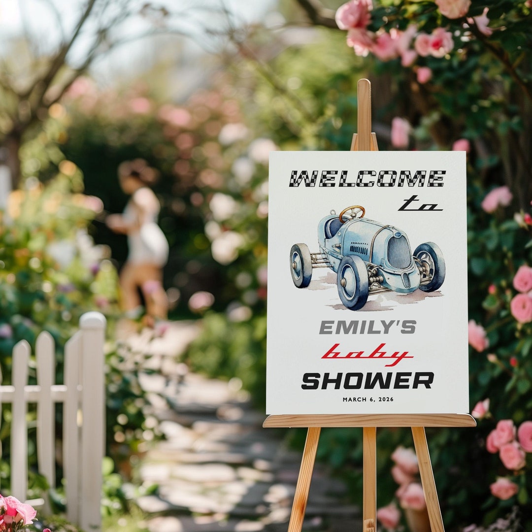Race Car Welcome Sign Boy Baby Shower Decoration Vintage Blue Racing ...