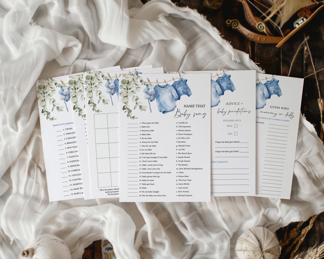 Boy Baby Shower Games Bundle Blue Baby Clothes Baby Shower, Greenery ...