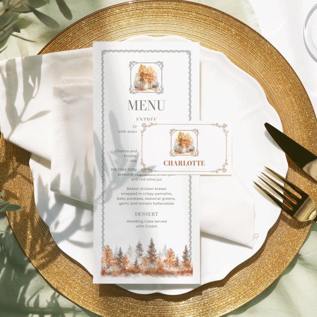 Forest Menu Card Fall Wedding Menu & Place Card Template, Rustic Autumn ...
