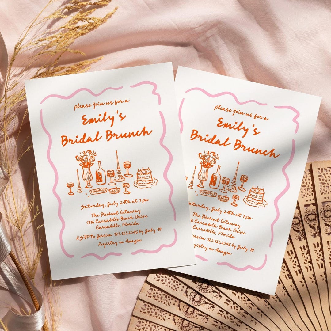 Hand-drawn Bridal Brunch Invitation, Funky Wavy Border, Orange Pink ...