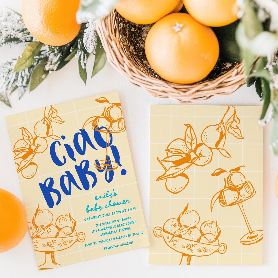 Ciao Baby Shower Invitation: Hand Drawn Oranges Italian Summer Party ...