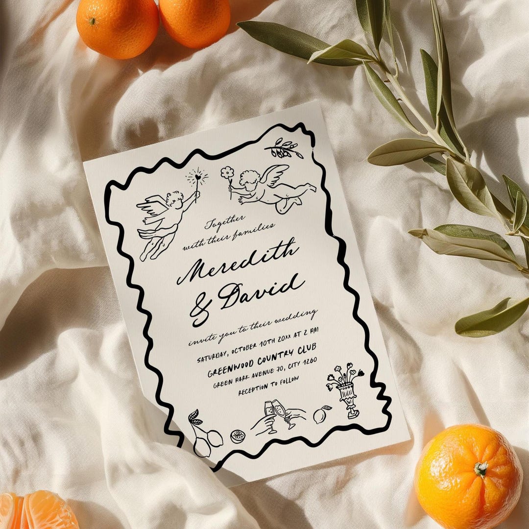 Mediterranean Italian Wedding Invitation Template, Whimsical Hand-drawn ...