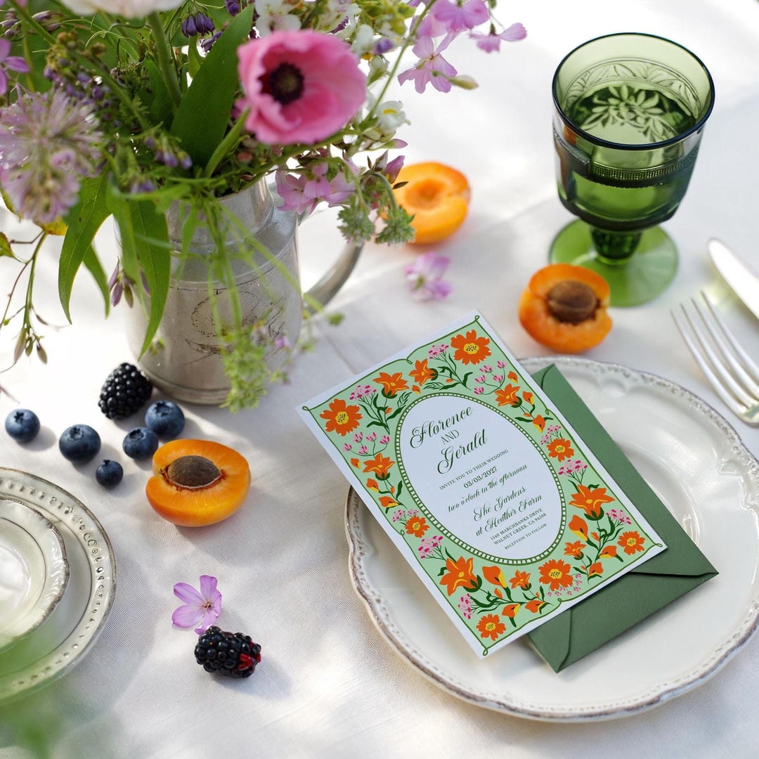 Orange Green Floral Wedding Invitation Spring Summer Colorful ...