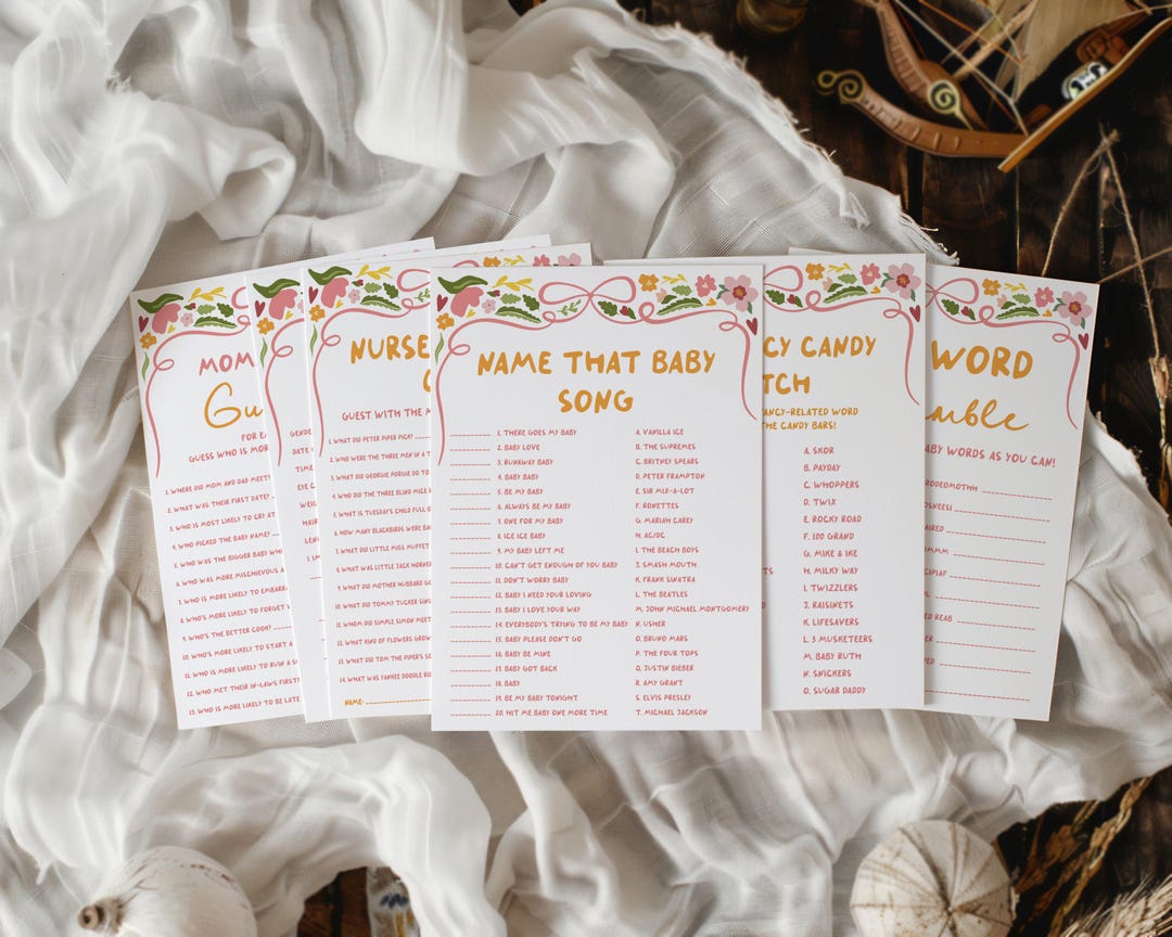 Hand-drawn Wildflower Baby Shower Games Bundle: Pink Green Orange ...