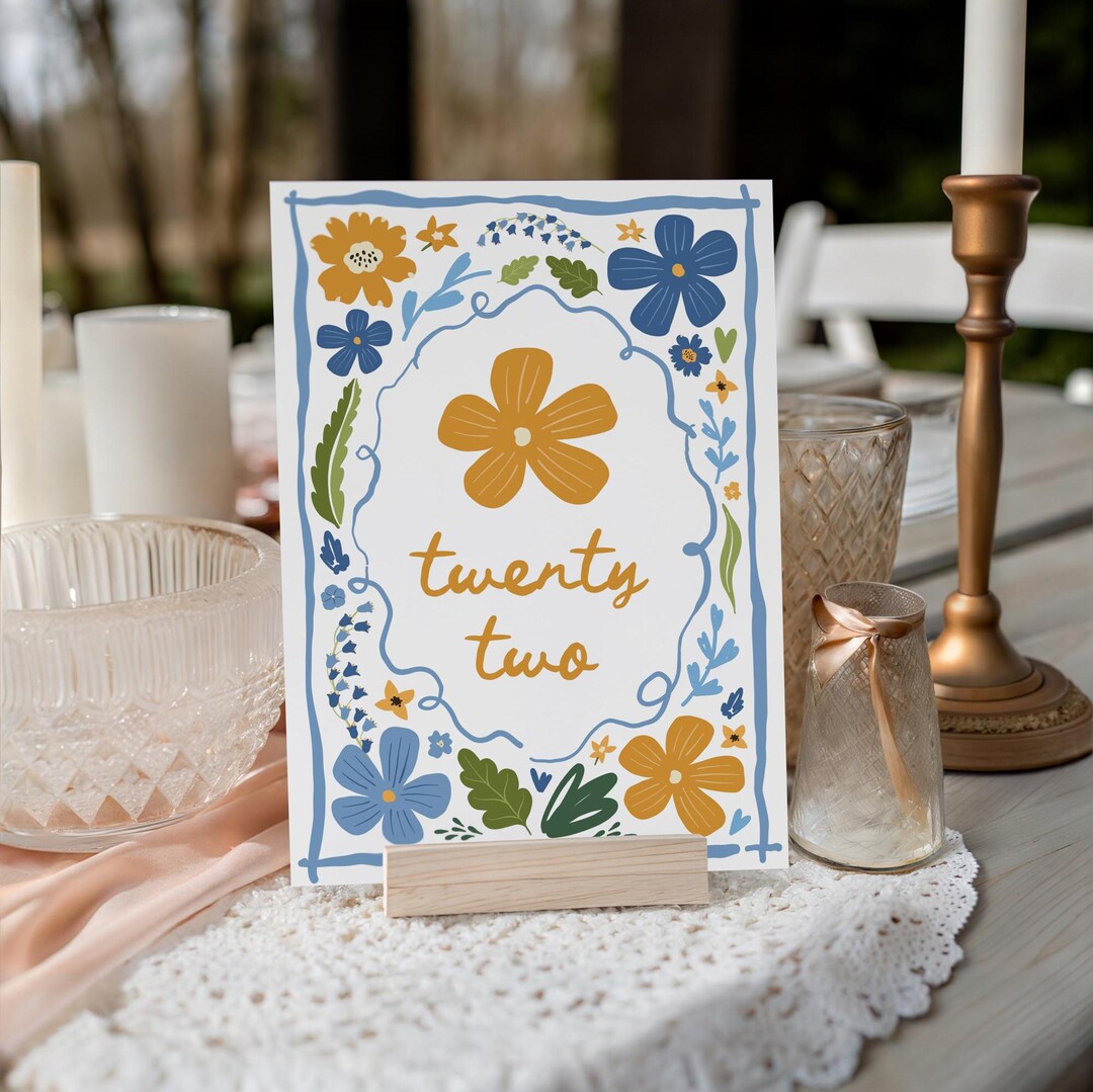 Colorful Floral Wedding Table Numbers: Hand-drawn Blue Green Orange ...