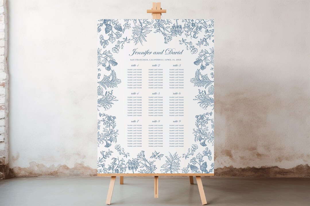 Chinoiserie Seating Chart Template Dusty Blue Floral Vintage Wedding ...