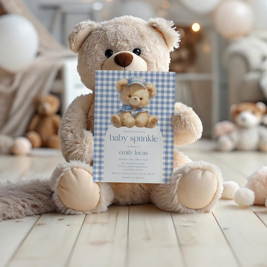 Teddy Bear Baby Sprinkle Invitation, Boy Blue Gingham Invite Template ...