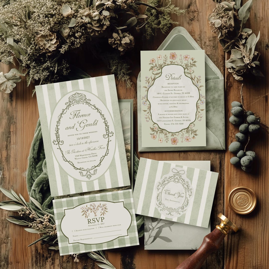 Sage Green Striped Wedding Invitation Template: Pink Floral Cottagecore ...