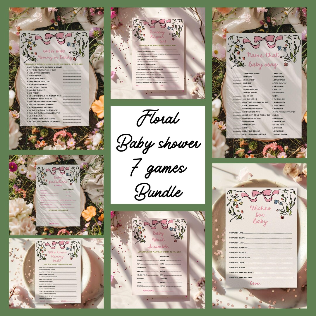 Floral Baby Shower Games Bundle: Pink Bow, Wildflower Design (digital ...