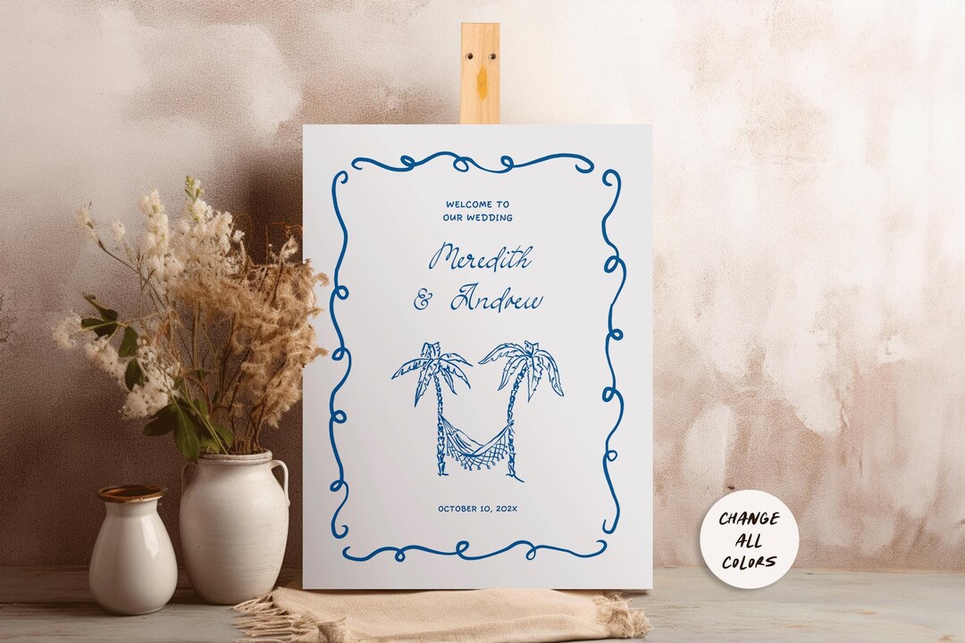 Tropical Beach Wedding Welcome Sign Hand Drawn Wedding Sign, Whimsical ...