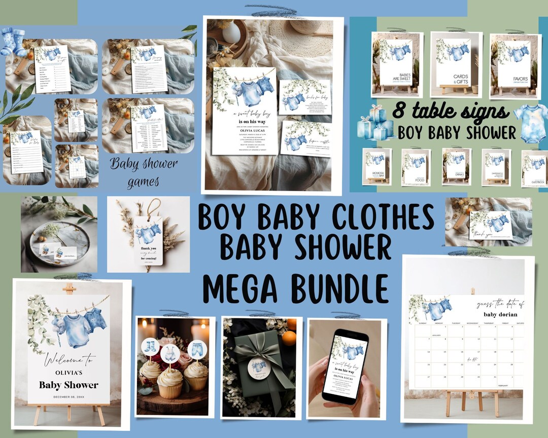 Baby Boy Clothes Line Baby Shower Invitation Bundle Boy Shower Decor ...