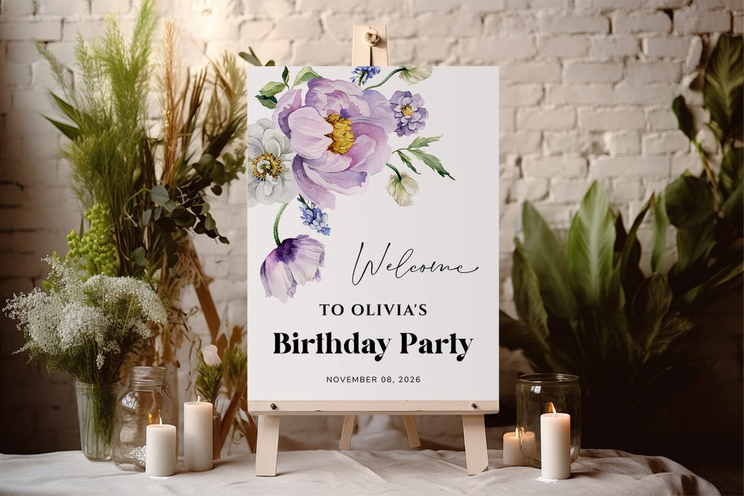 Birthday Welcome Sign Purple Floral Birthday Sign, Spring Summer Garden ...