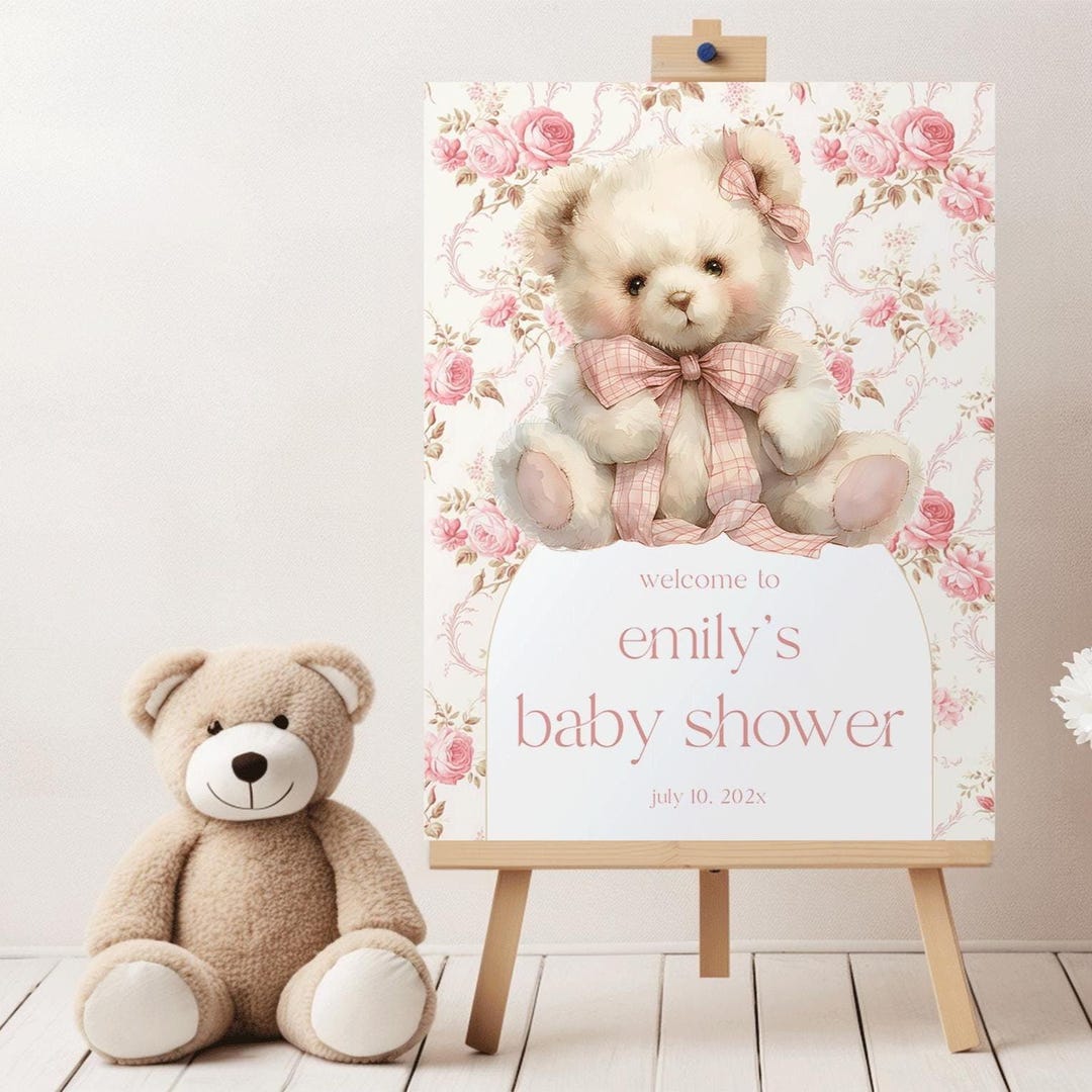 Teddy Bear Baby Shower Welcome Sign: Pink Floral Roses (editable ...