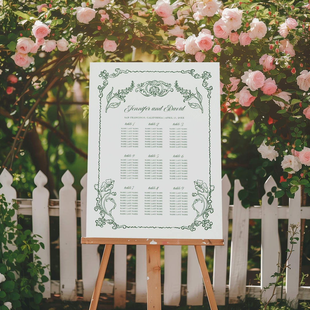 Regency Wedding Seating Chart, Vintage Green Floral Guest List Sign ...