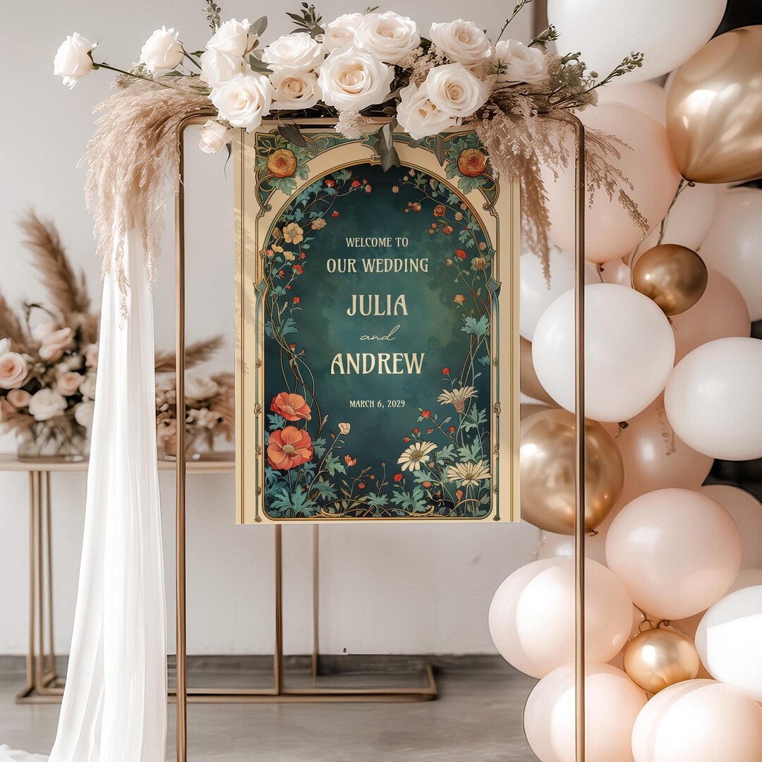 Art Nouveau Welcome Sign Green Floral Wedding Sign Enchanted Fantasy ...