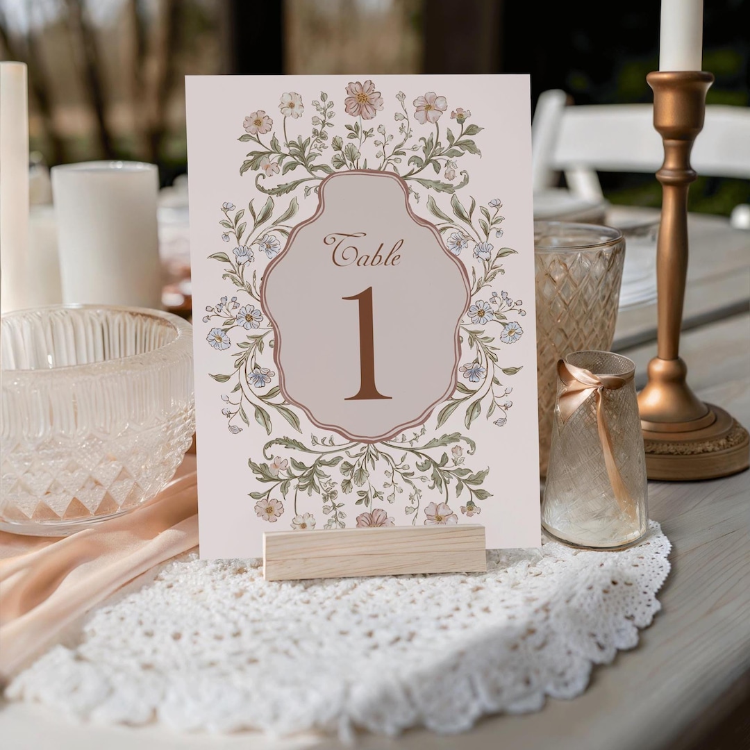 Pink Floral Table Numbers Sign: Vintage Wildflower Wedding, Bridal Baby ...