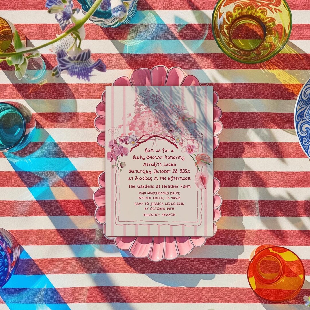 Pink Boho Floral Baby Shower Invitation: Striped Cottage Wildflower ...