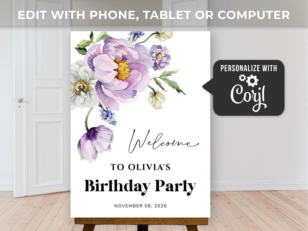 Birthday Welcome Sign Purple Floral Birthday Sign Spring - Etsy