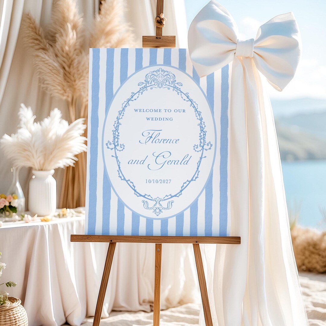 Old Money Wedding Welcome Sign Template: Coastal Nautical Blue Striped ...