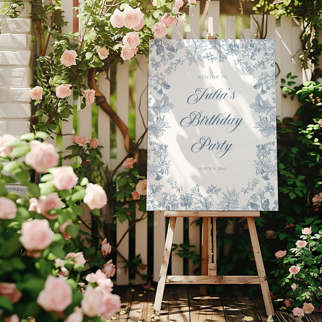 Dusty Blue Toile Birthday Welcome Sign, Vintage Floral Chinoiserie ...